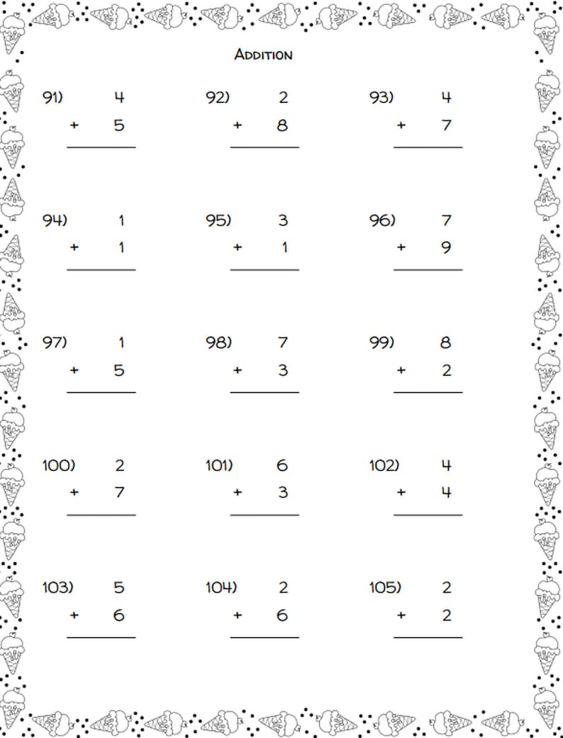40 Printable Single Digit Addition Worksheets for Kids Ages 5-8 Math ...