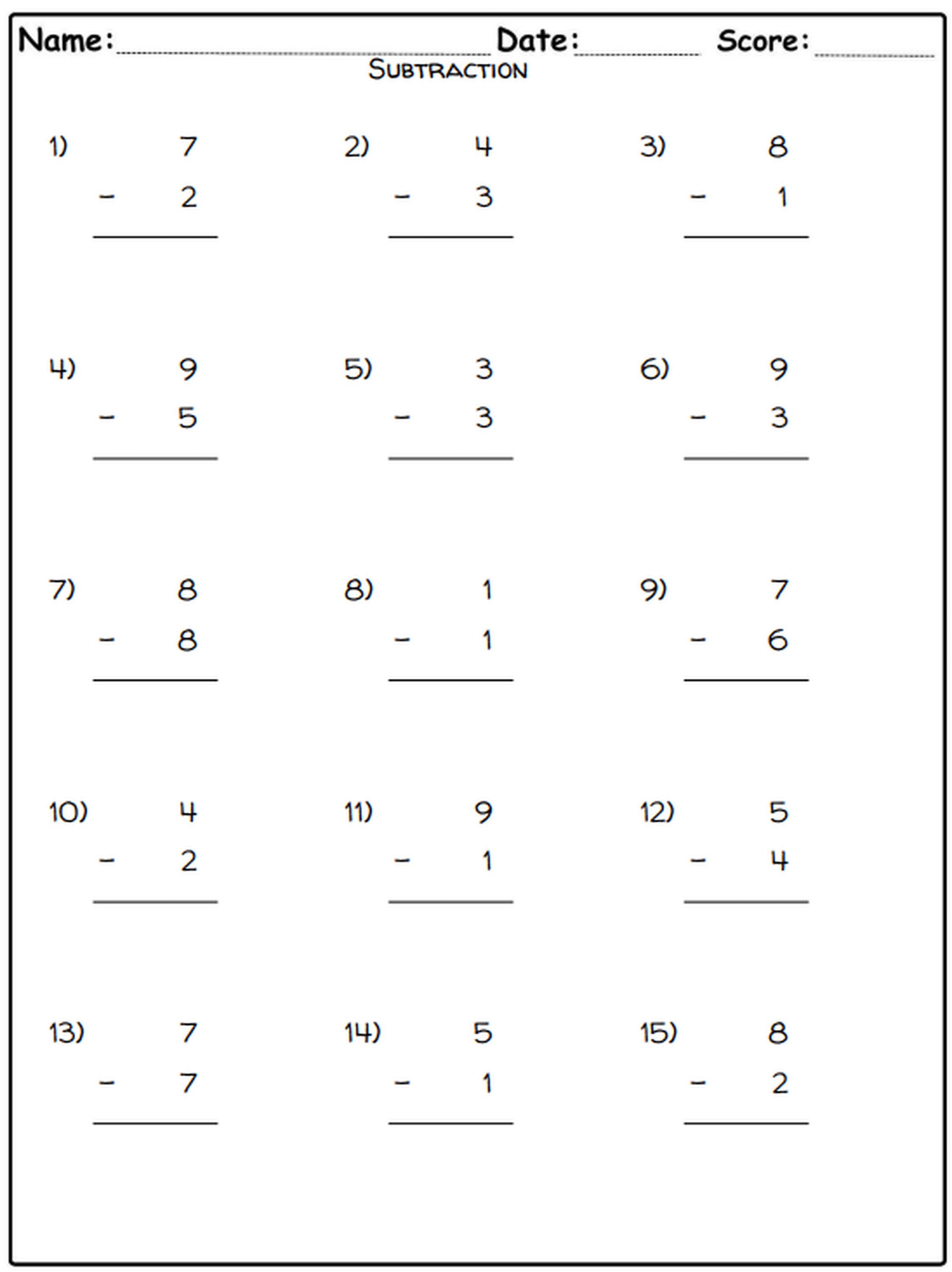50 Printable Single Digit Subtraction Worksheets for Kids Ages 6-8 ...