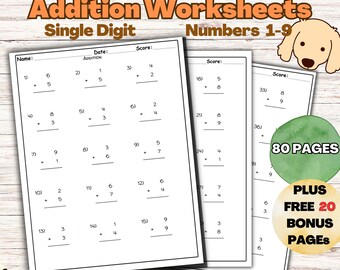 40 Printable Single Digit Addition Worksheets for Kids Ages 5-8 Math ...