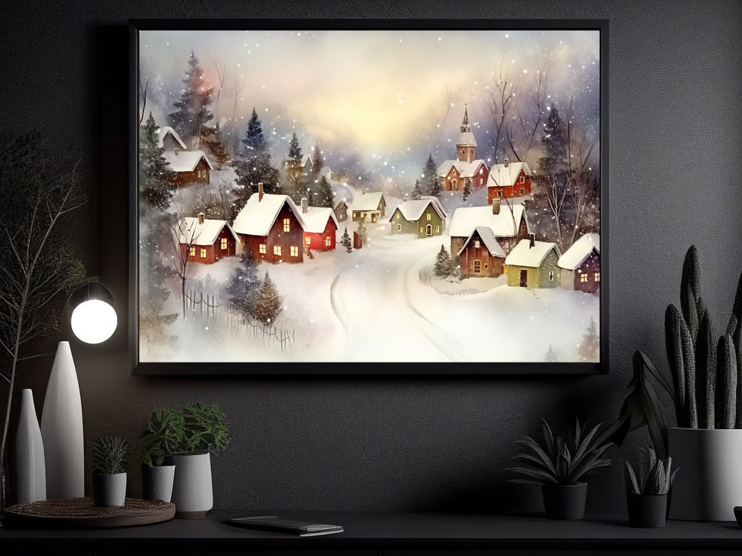 Peaceful Snowy Village in Christmas Night Canvas Wall Art - Etsy