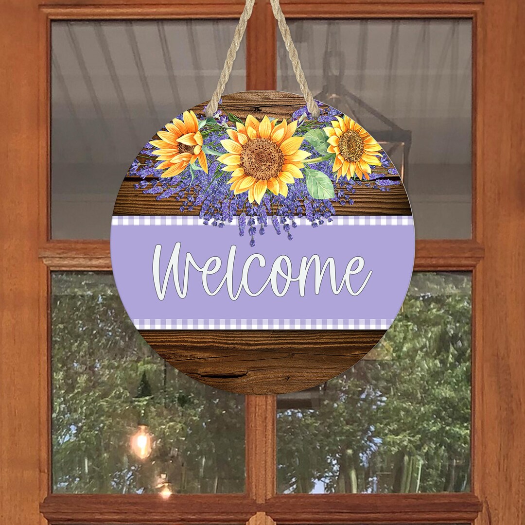 Sunflower Welcome Door Sign, Spring Door Decor, New Home Gift, Round ...