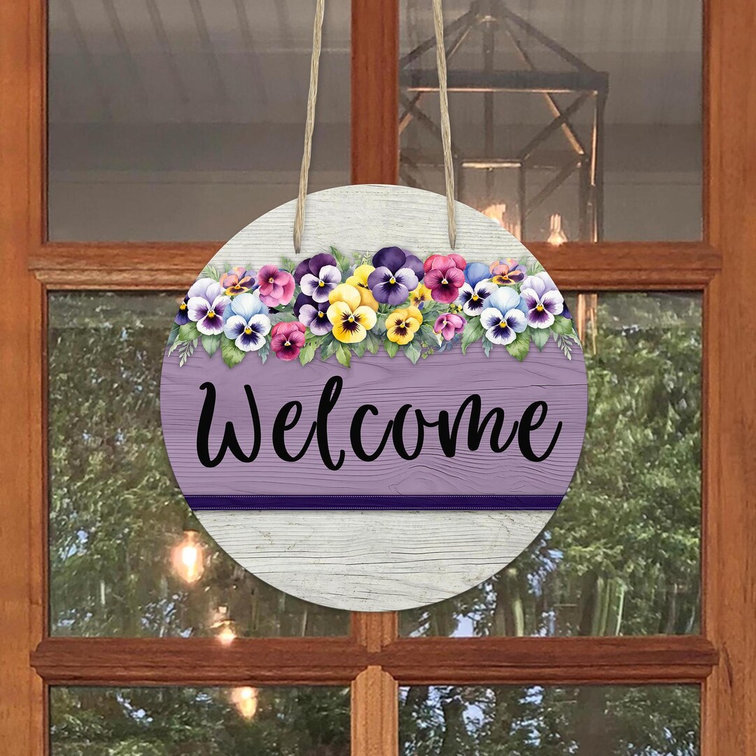 Pansy Welcome Door Sign, Spring Door Decor, New Home Gift, Round Door ...