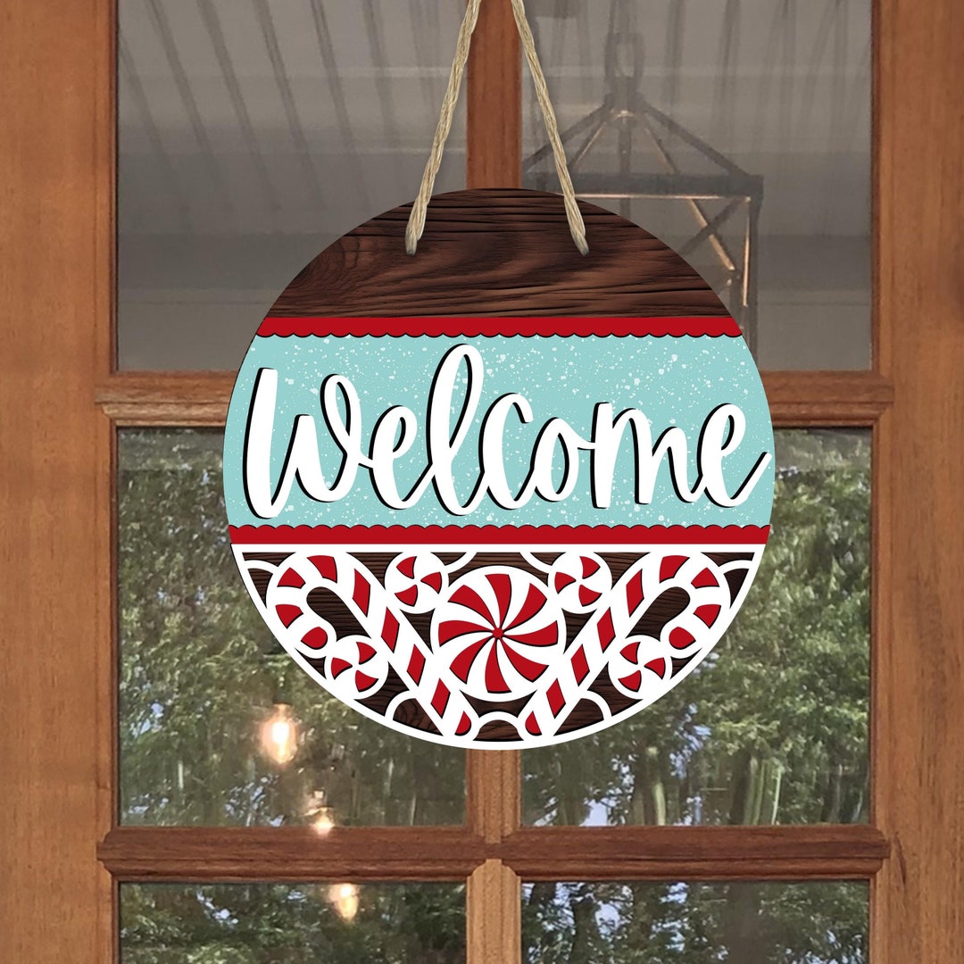 Merry Christmas Welcome Door Sign, Candy Cane Holiday Porch Decor ...