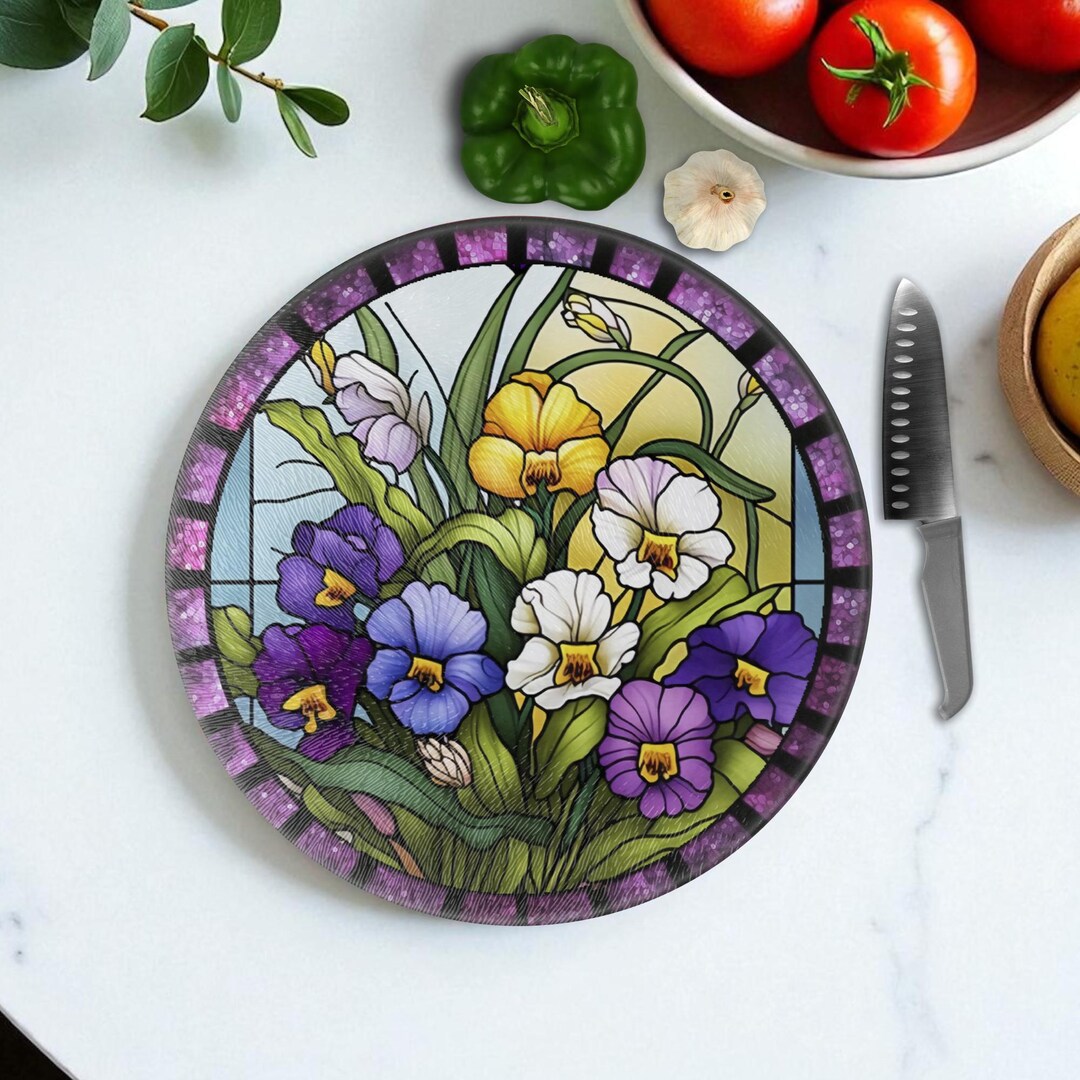 Floral Round Decorative Glass Cutting Board: Pansies Kitchen Decor ...