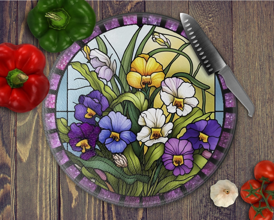Floral Pansies Round Glass Cutting Board, Pansies Kitchen Decor ...