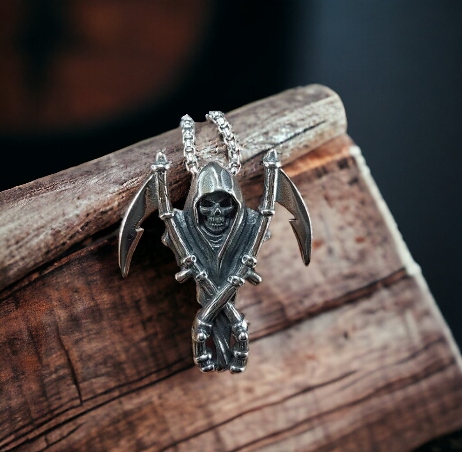 Grim Reaper Necklace/ Skeleton Necklace/ Biker Necklace/ Gothic Skull ...