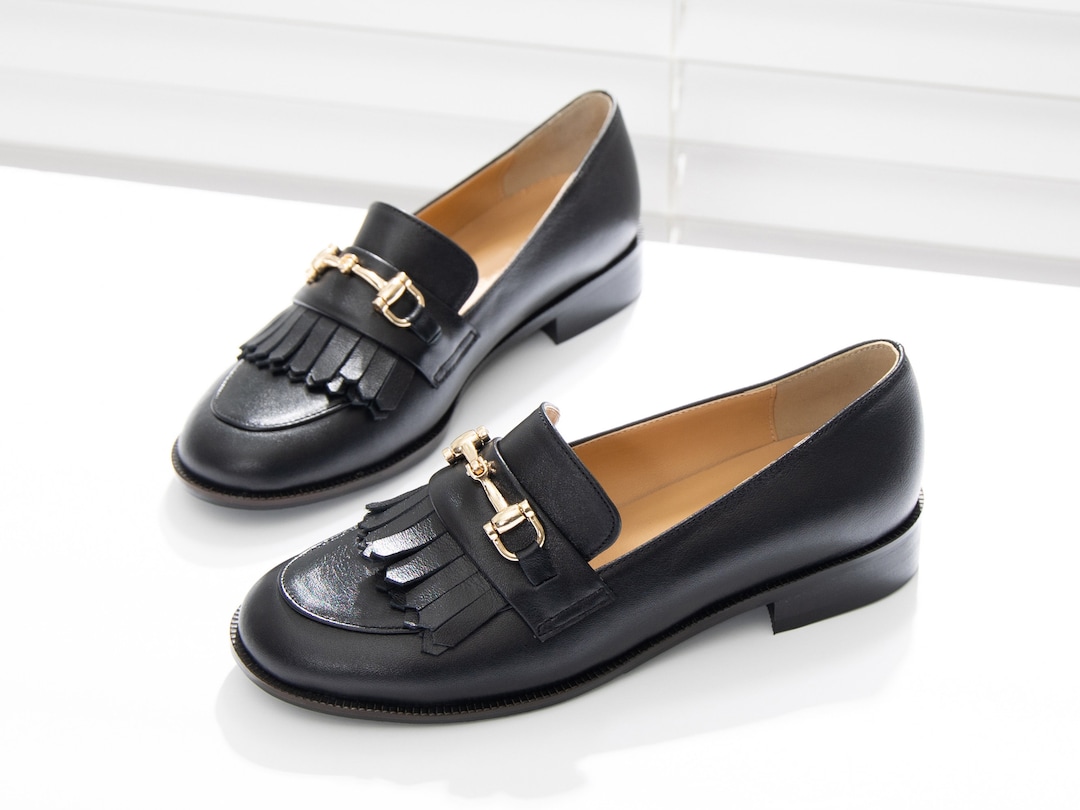 Horsebit Fringe Classic Loafers, Women's Handmade Leather Shoes, Black ...