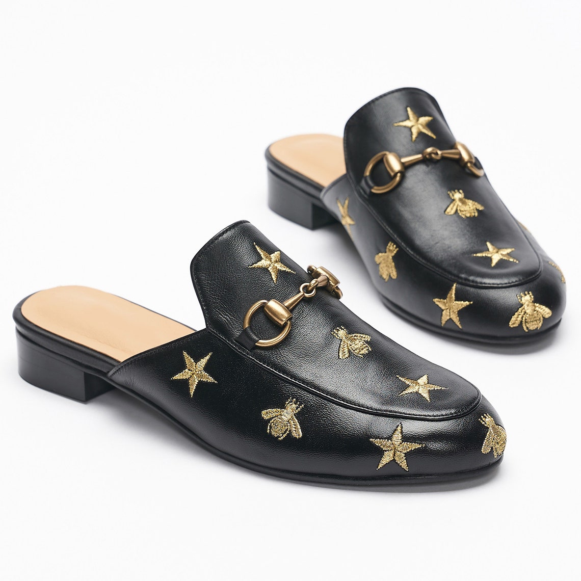 Horsebit Star & Bee Embroidery Slide Mule Loafers, Women's Handmade ...