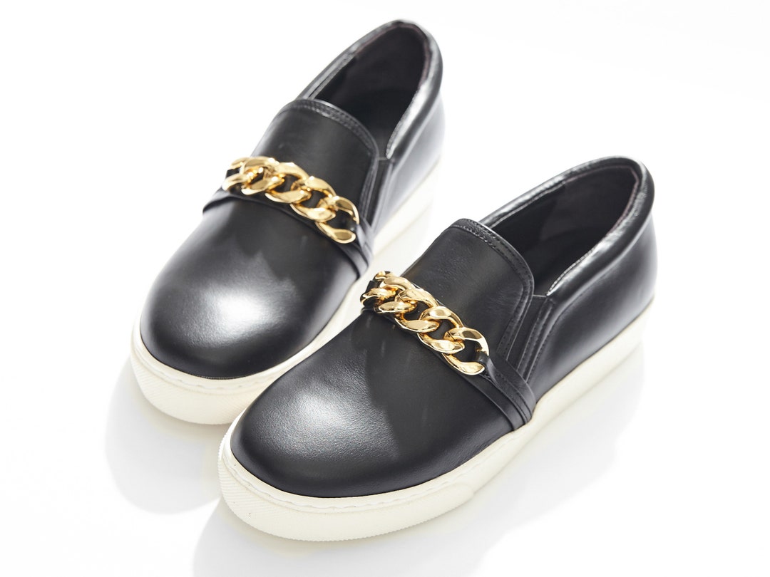 Gold Metal Chain Slip-on Sneakers, Women's Handmade Leather Shoes ...