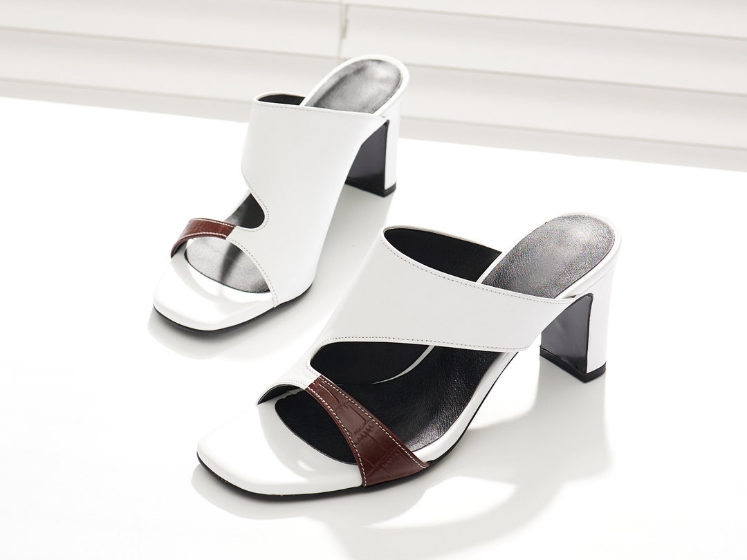 Cut Out High Heel Slide Sandals, Women's Handmade Leather Shoes, White ...