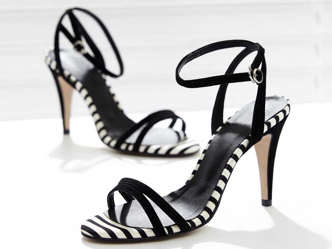 Zebra Stripes Ankle Strap Sandals, Women's Handmade Leather Shoes ...