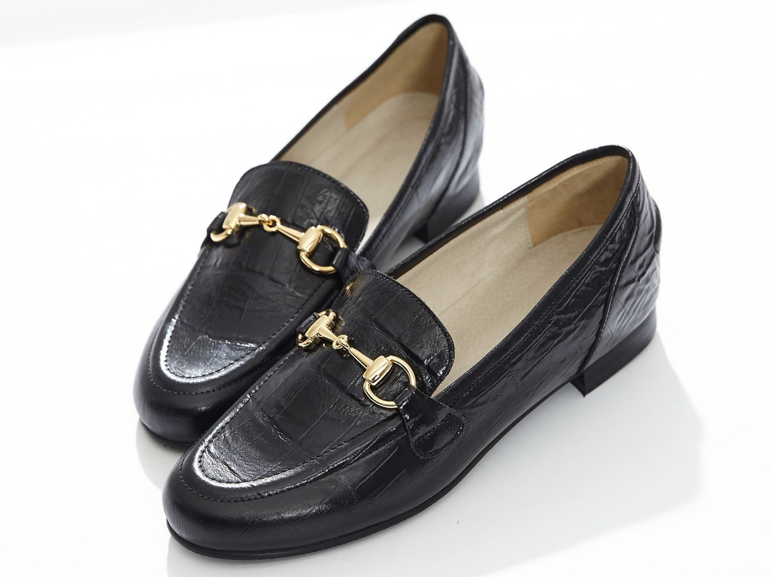 Horsebit Snake Skin Loafers, Women's Handmade Leather Shoes, Black - Etsy