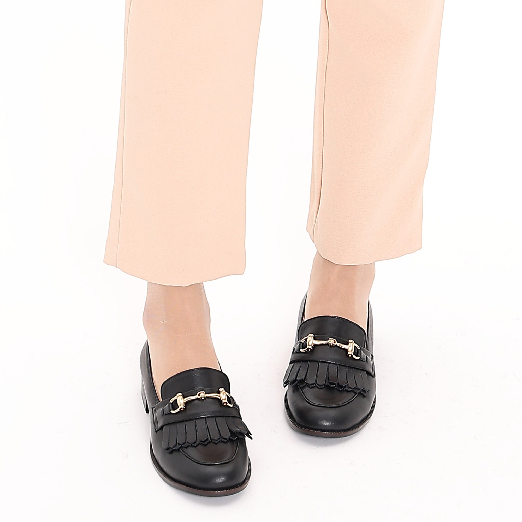 Horsebit Fringe Classic Loafers, Women's Handmade Leather Shoes, Black ...