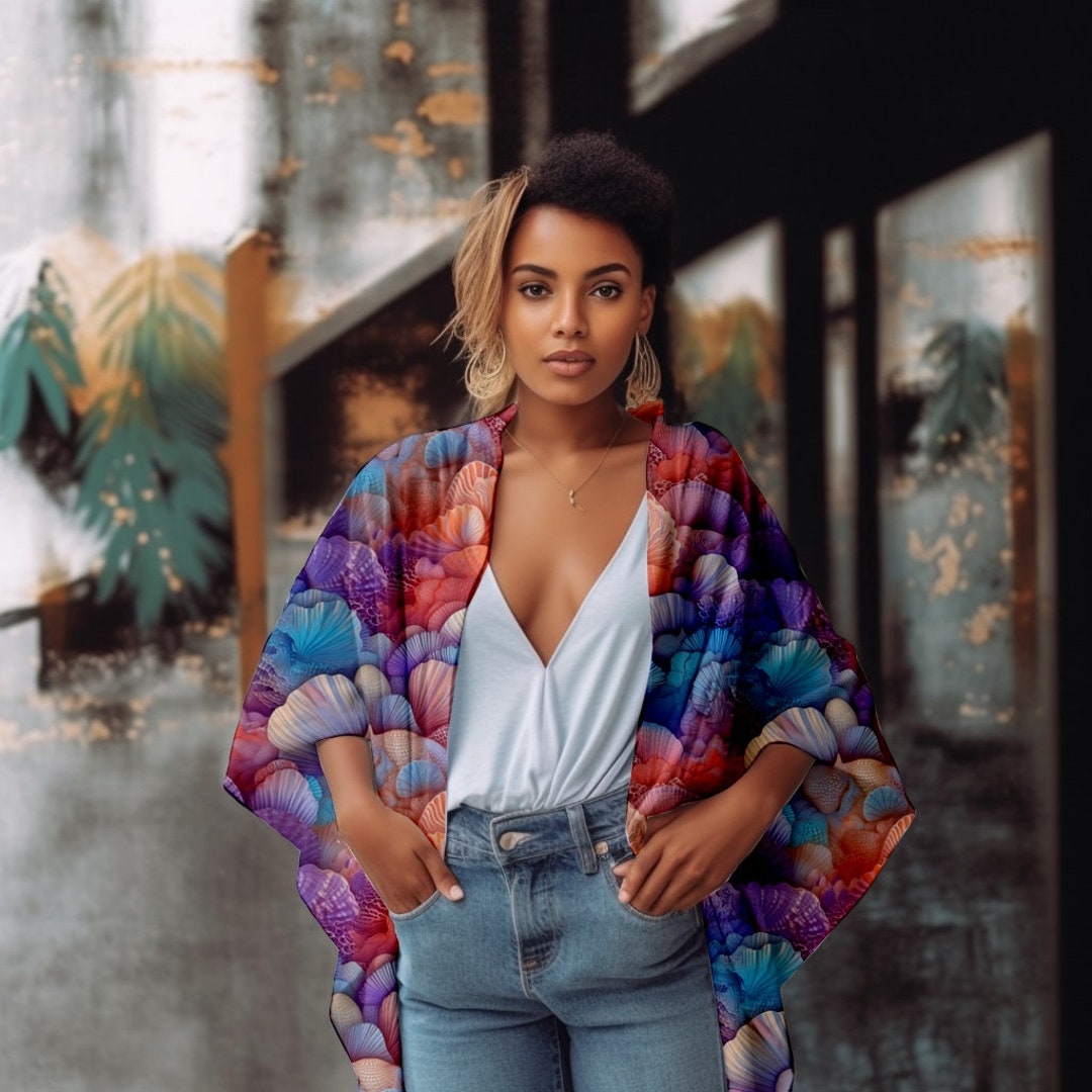 Shell Blue Silk Kimono Robe, Draped Kimono Jacket, Chiffon Kimono ...