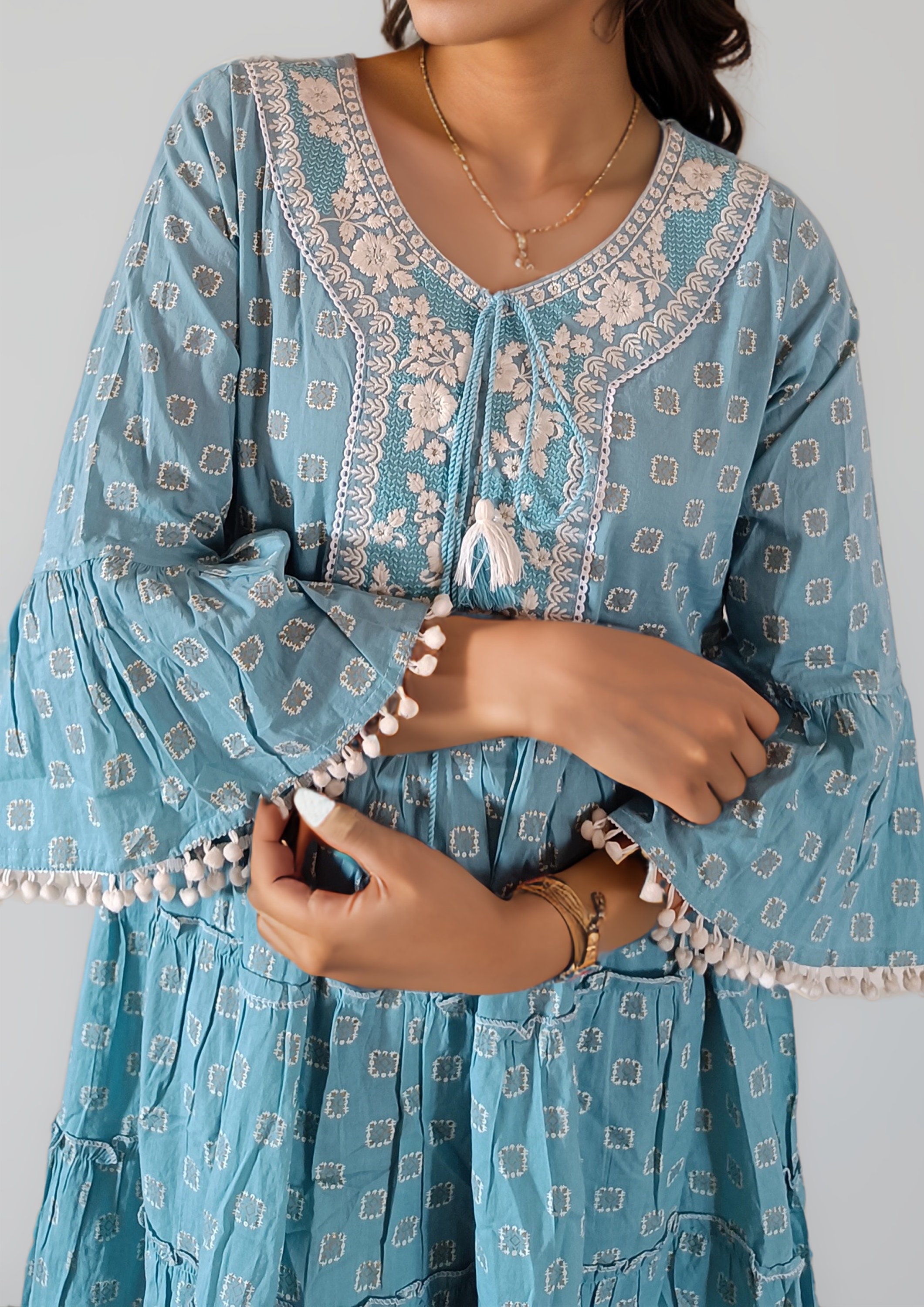 Flared Cotton Tiered Dress With Pom-pom Lace and Neck Tassel Detail ...