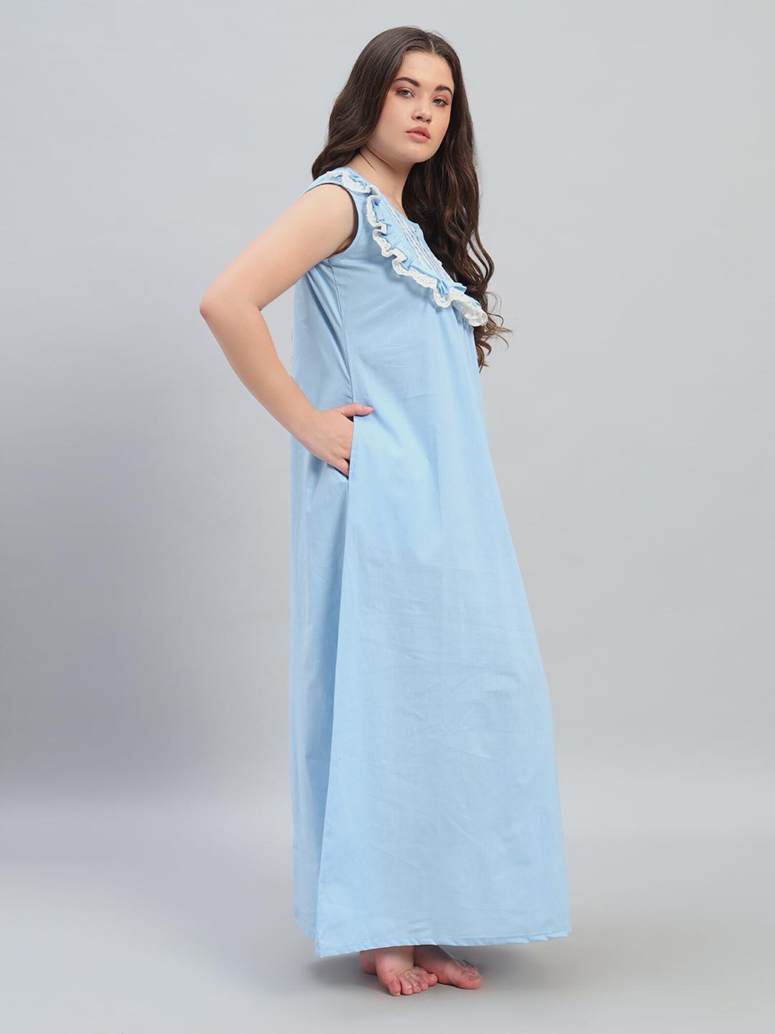 Blue Cotton Nightgown for Women | Sleeveless Ruffle Night Dress | Full ...