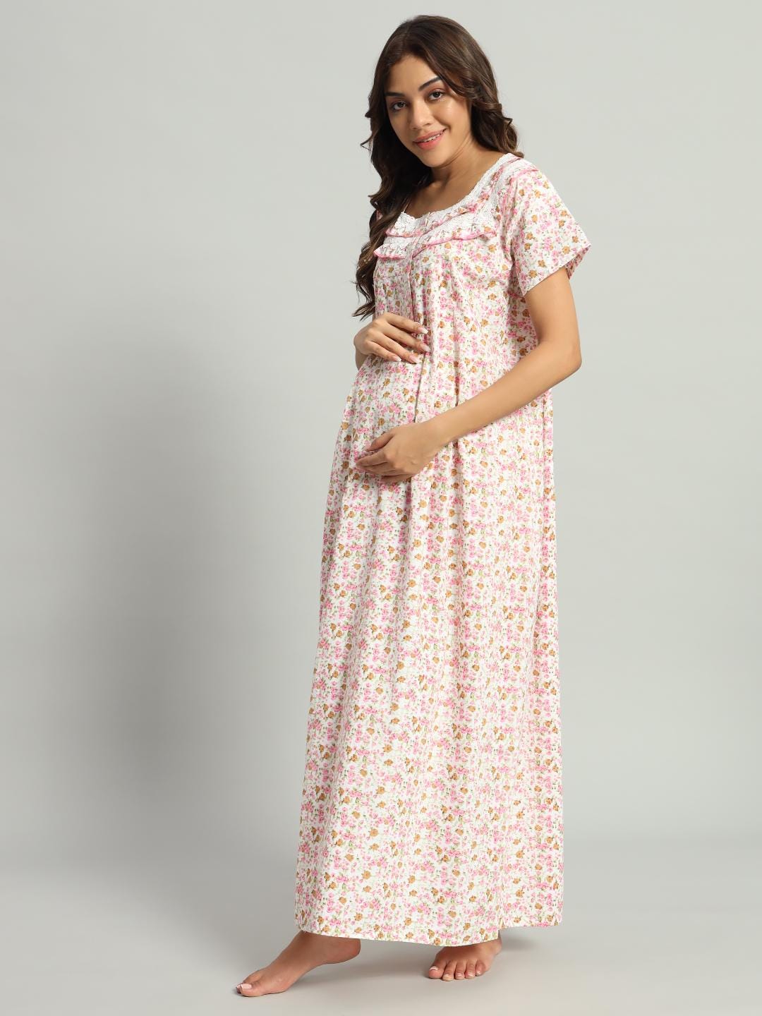 Floral Maternity Nursing Nightgown — Button-front, Pockets, Short ...