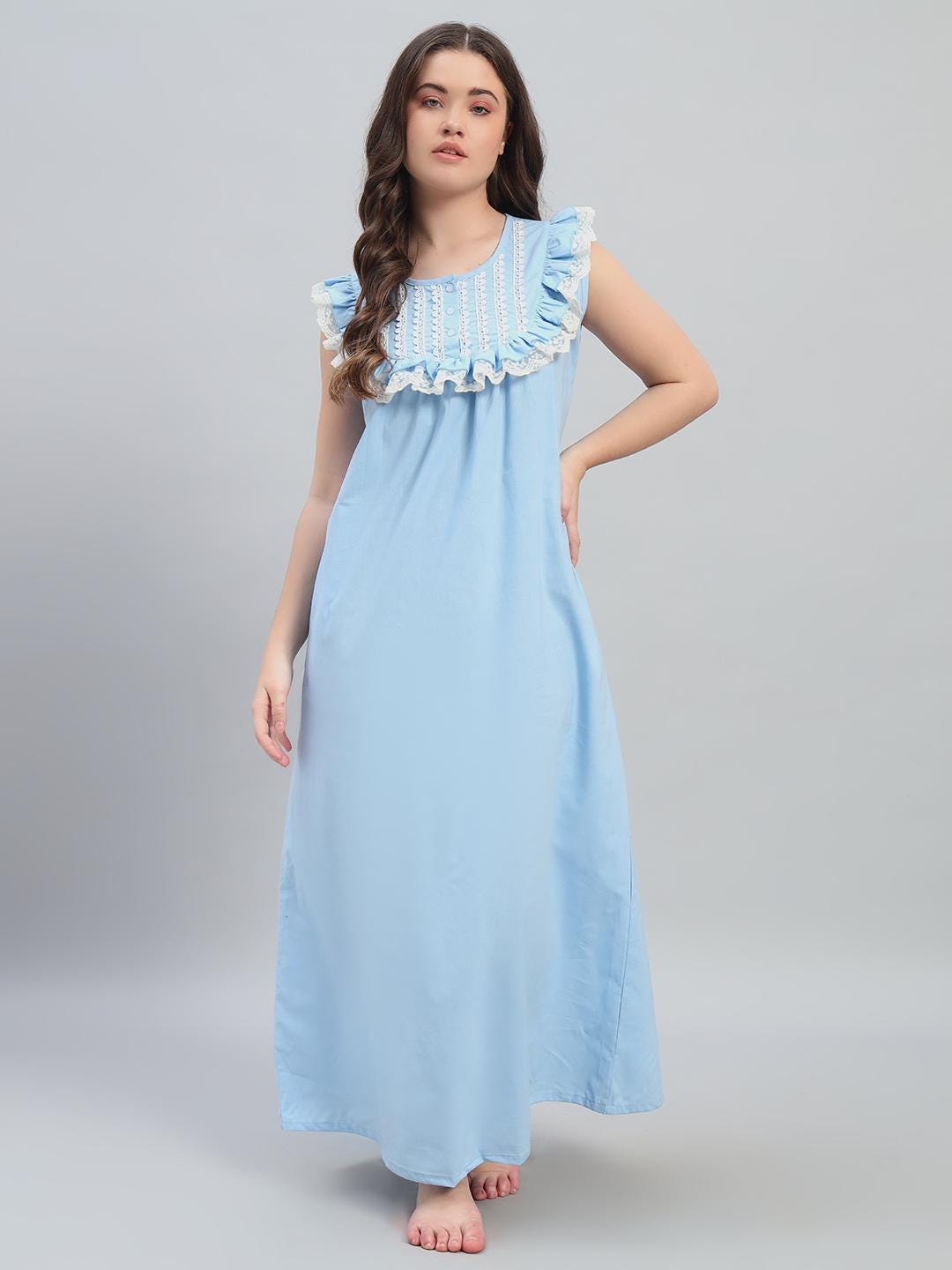Blue Cotton Nightgown for Women | Sleeveless Ruffle Night Dress | Full ...