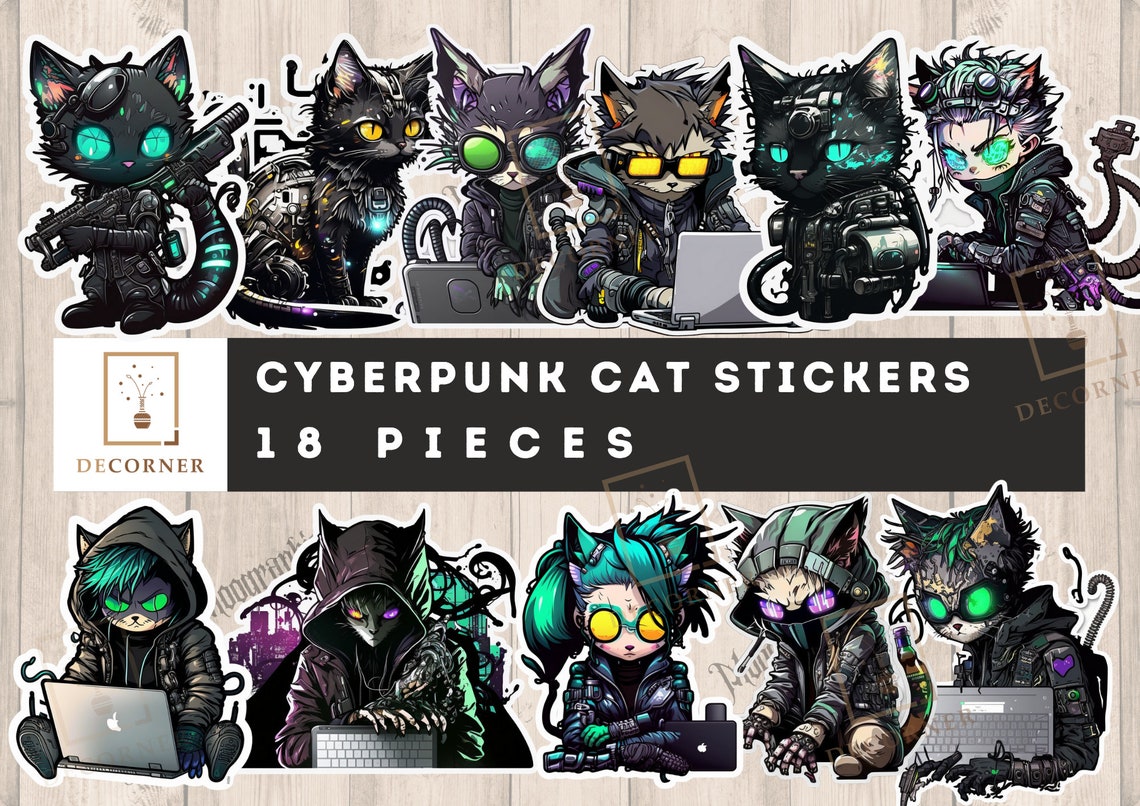 Cyberpunk Cat Stickers, Clipart Printables, Digital Cat, Junk Journal ...