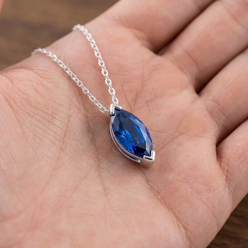 Marquise Cut Blue Sapphire Quartz Pendant Necklace, Sterling Silver ...