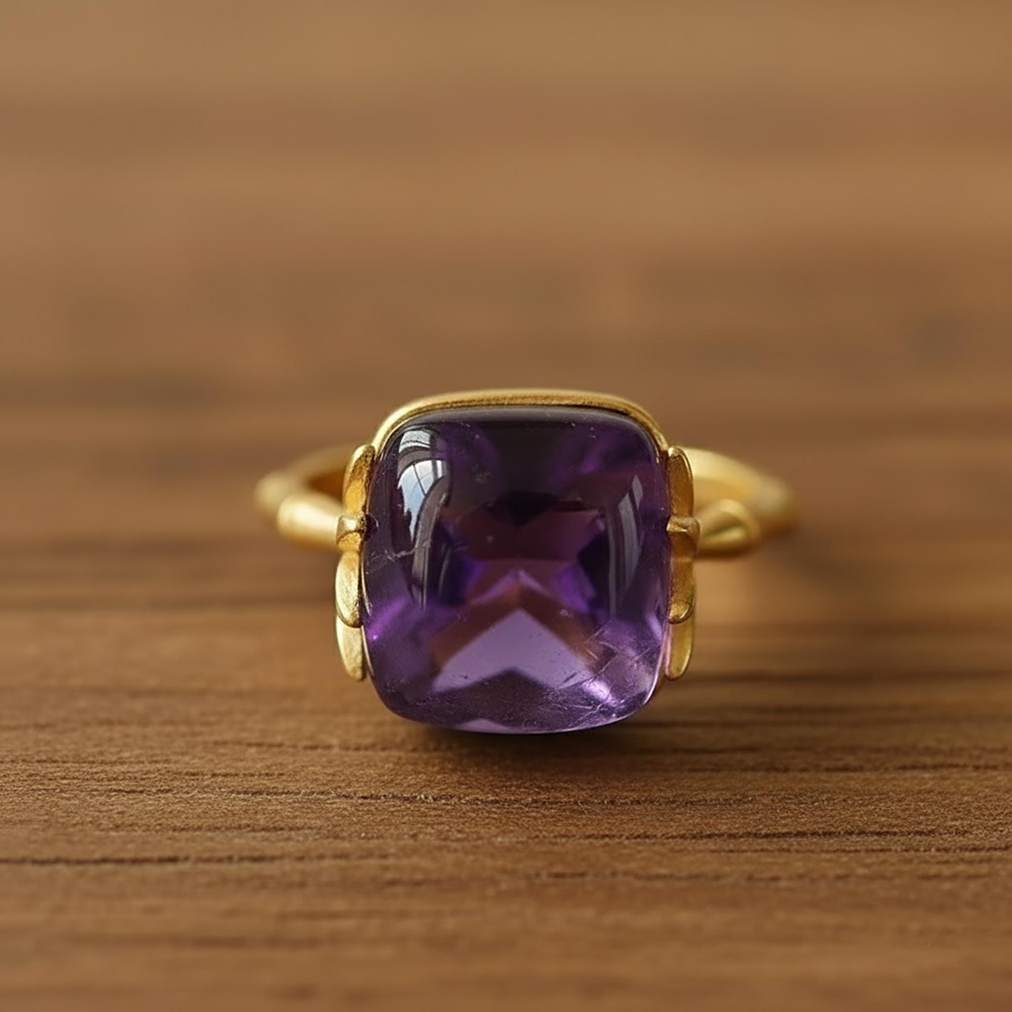 14K Gold Amethyst Ring | Cushion Cut Gemstone, Adjustable - Etsy
