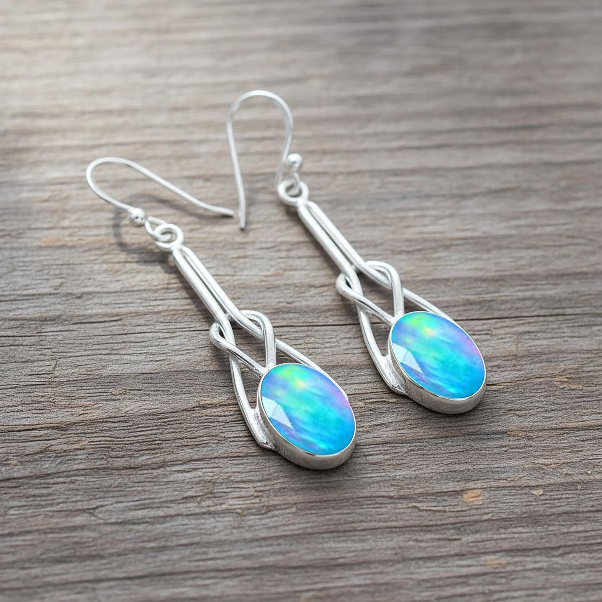 Aurora Opal Sterling Silver Dangle Earrings, Iridescent Gemstone ...