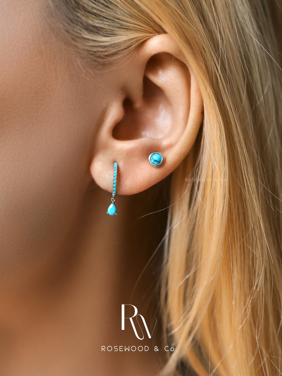 Blue Turquoise Stud Earrings, Sterling Silver Paved Huggies, Blue ...