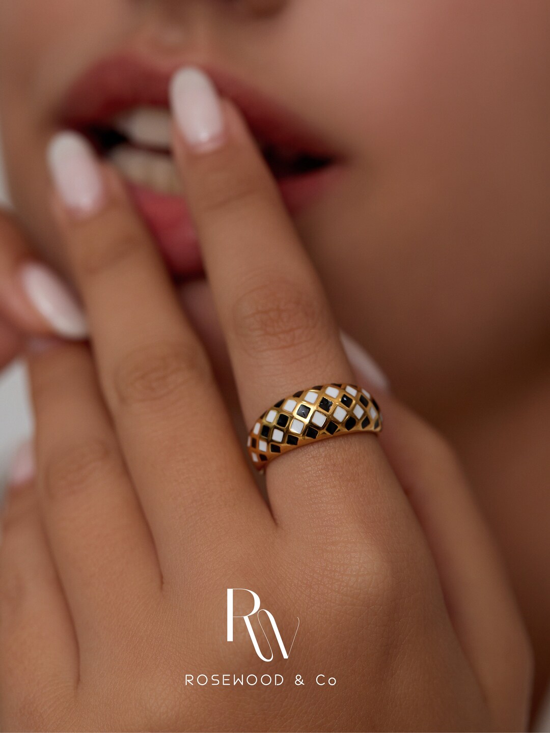 Black and White Checkerboard Dome Ring, Non Tarnish Gold Plated Dome ...