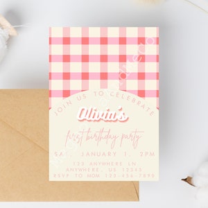 Pink Gingham Birthday Invitation - Canva Editable Invitation - Any Age ...
