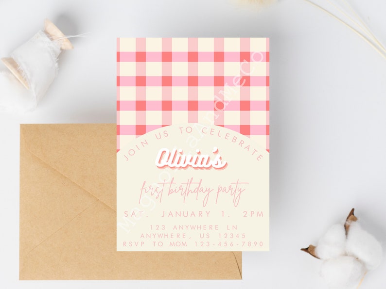 Pink Gingham Birthday Invitation - Canva Editable Invitation - Any Age ...