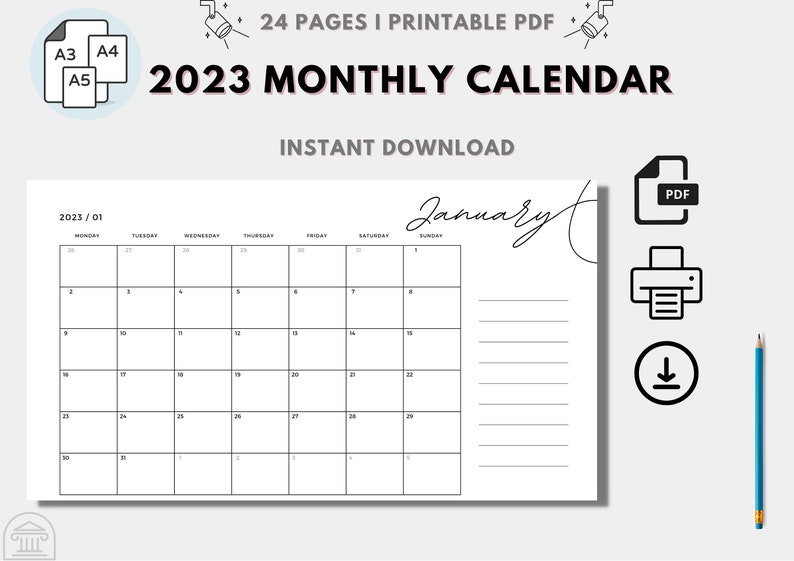 2023 Printable Calendar Landscape, Minimalist Monthly Calendar 2023 ...