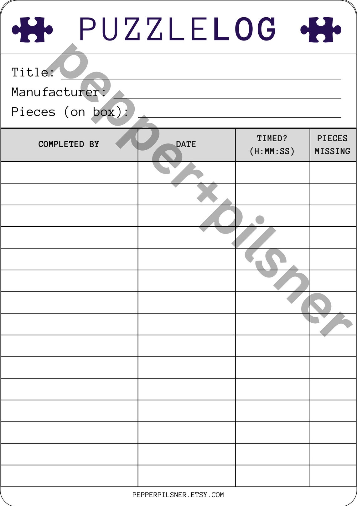 Printable Jigsaw Puzzle Log / Single-puzzle Tracker - A4/letter Digital ...