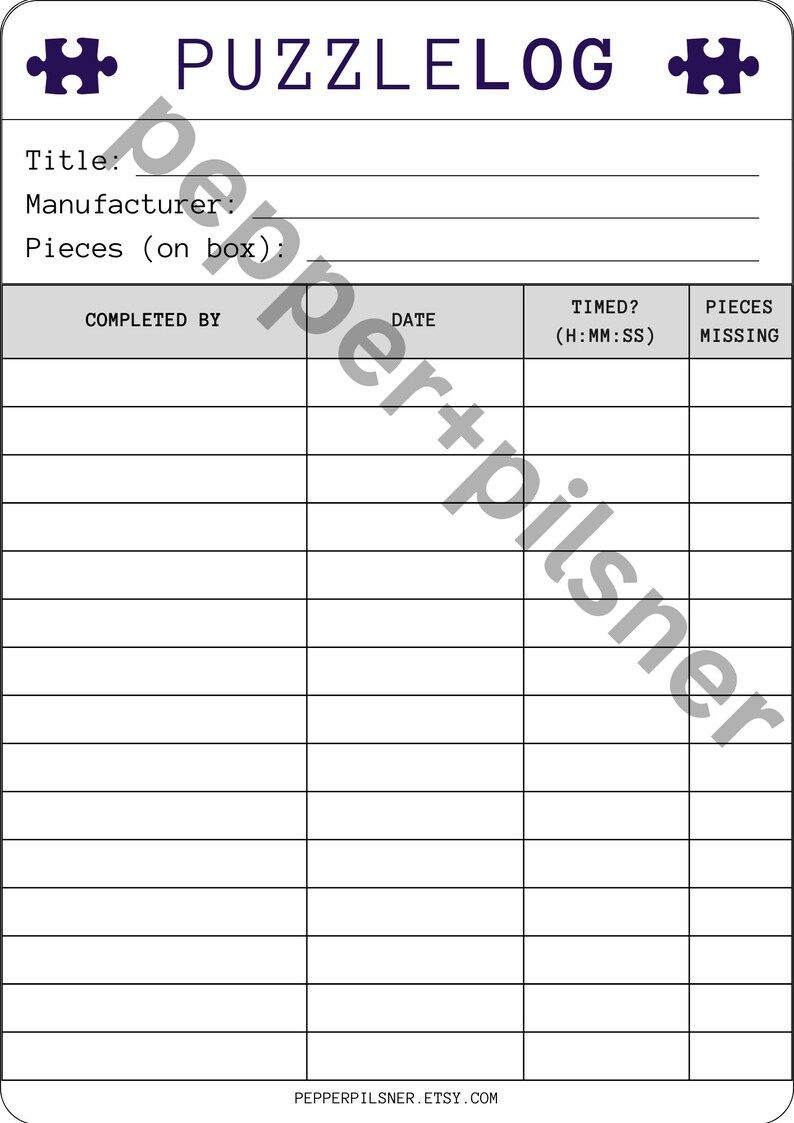 Printable Jigsaw Puzzle Log / Single-puzzle Tracker - A4/letter Digital ...