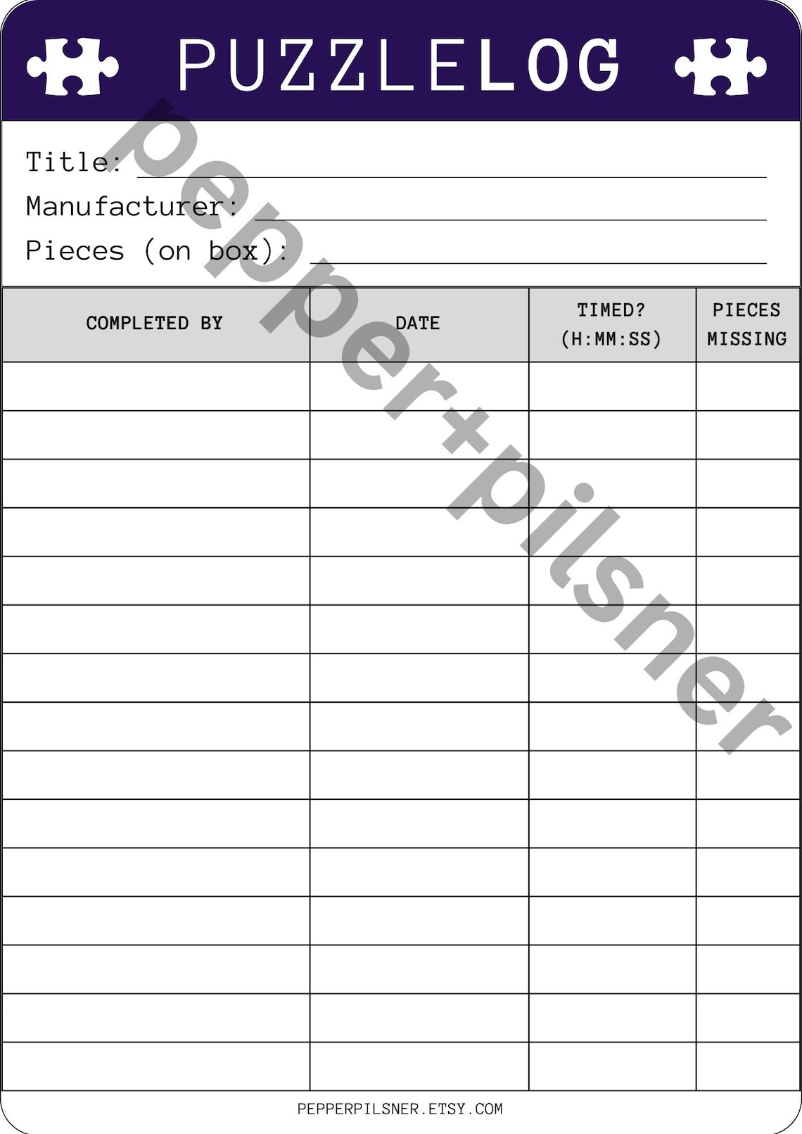 Printable Jigsaw Puzzle Log / Single-puzzle Tracker - A4/letter Digital ...