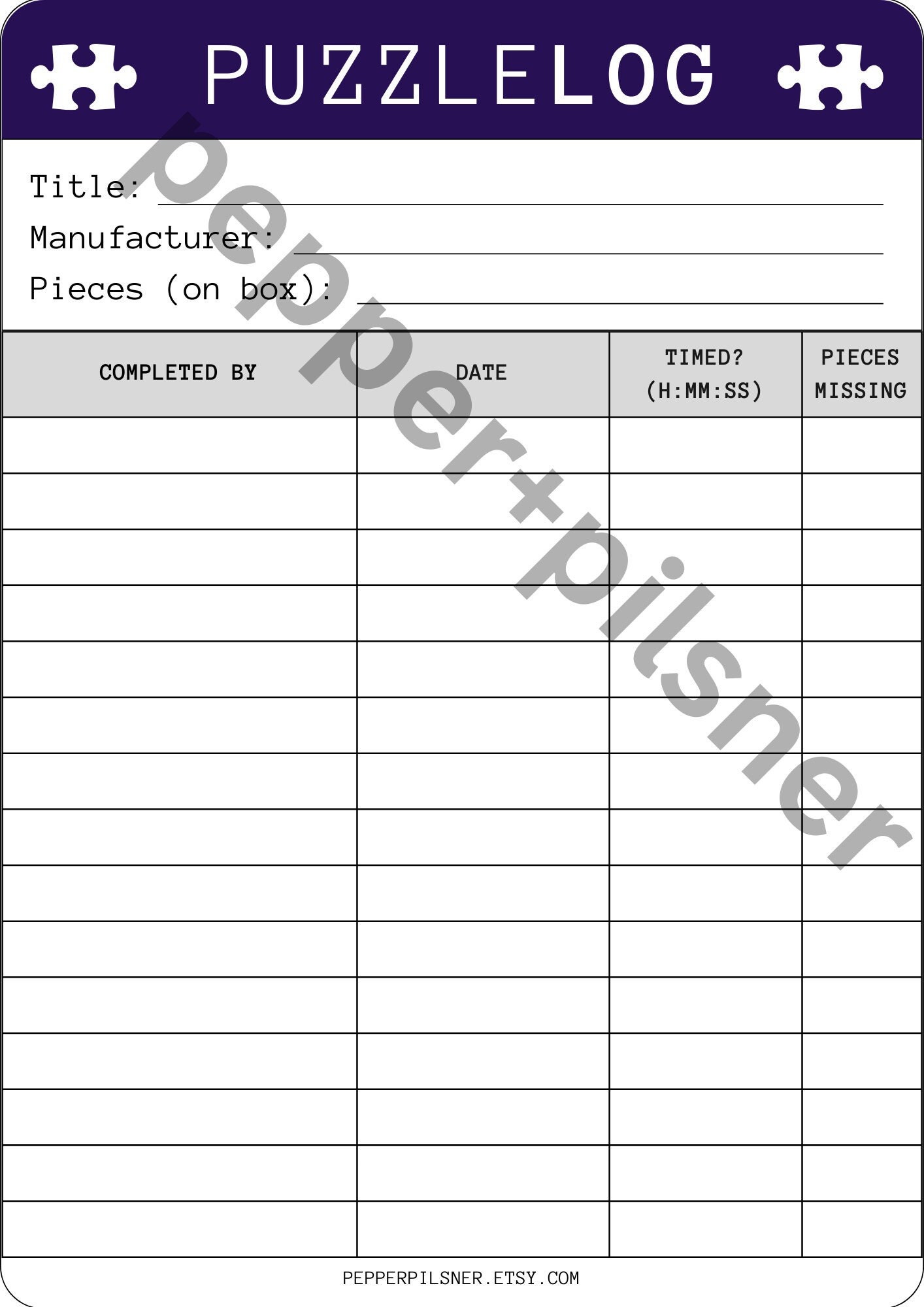 Printable Jigsaw Puzzle Log / Single-puzzle Tracker - A4/letter Digital ...