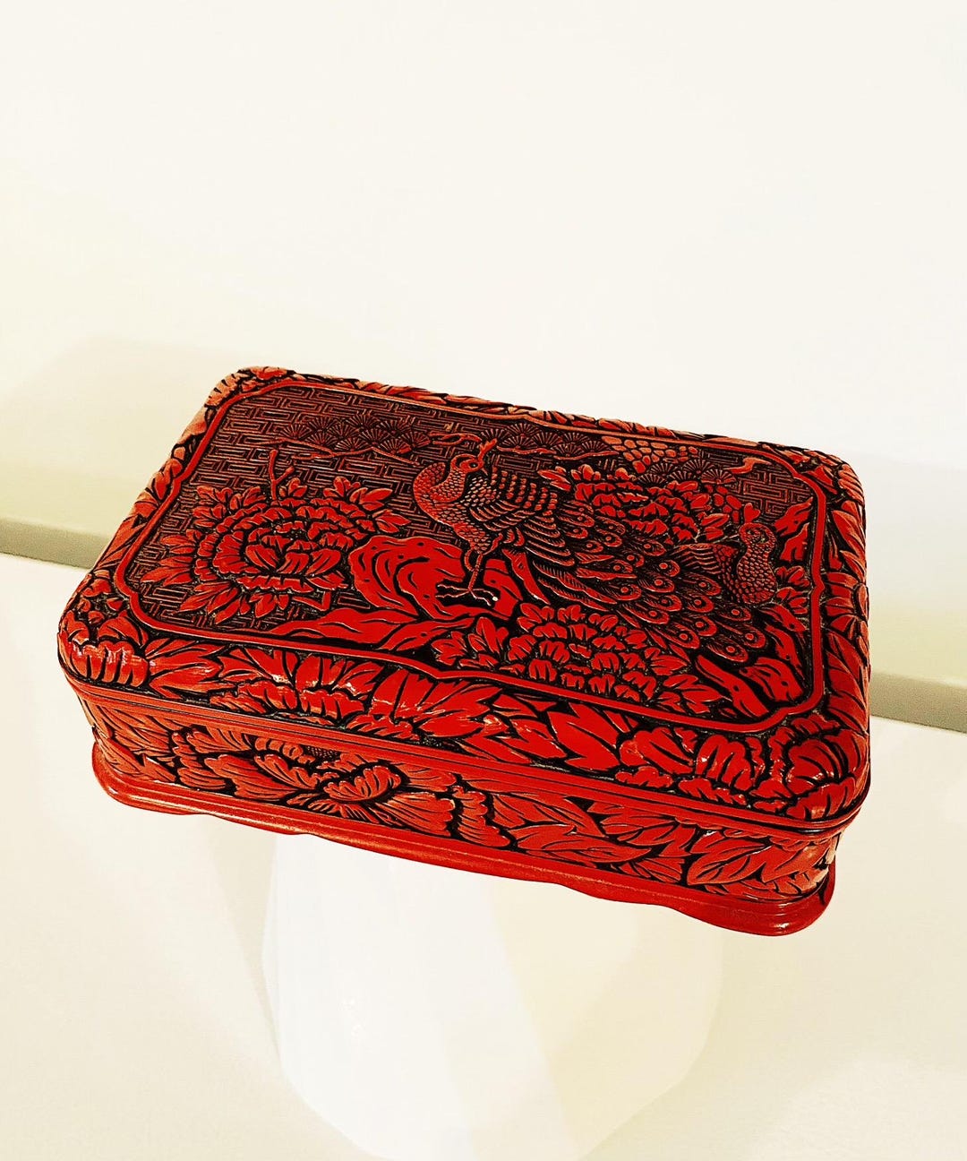 Red Laquer Box With Carved Peacock and Foilage - Etsy