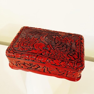 Red Laquer Box With Carved Peacock and Foilage - Etsy