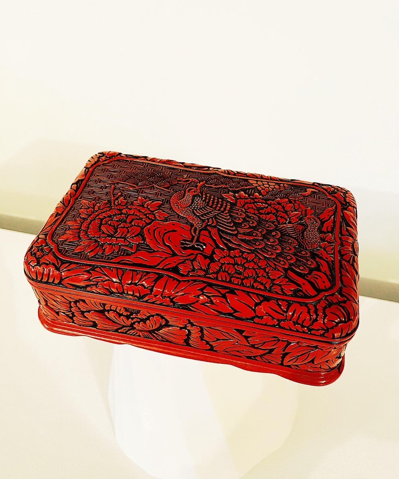 Red Laquer Box With Carved Peacock and Foilage - Etsy