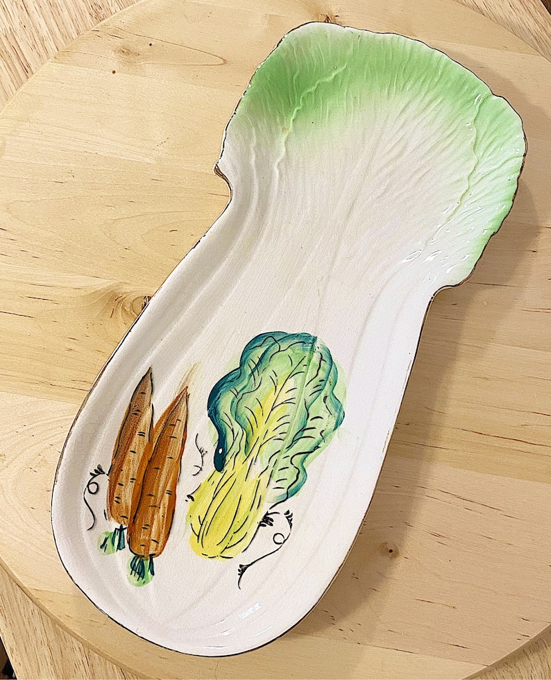 Vintage Lettuce Leaf Shaped Serving Platter With Gold Trim Ceramic Hand ...