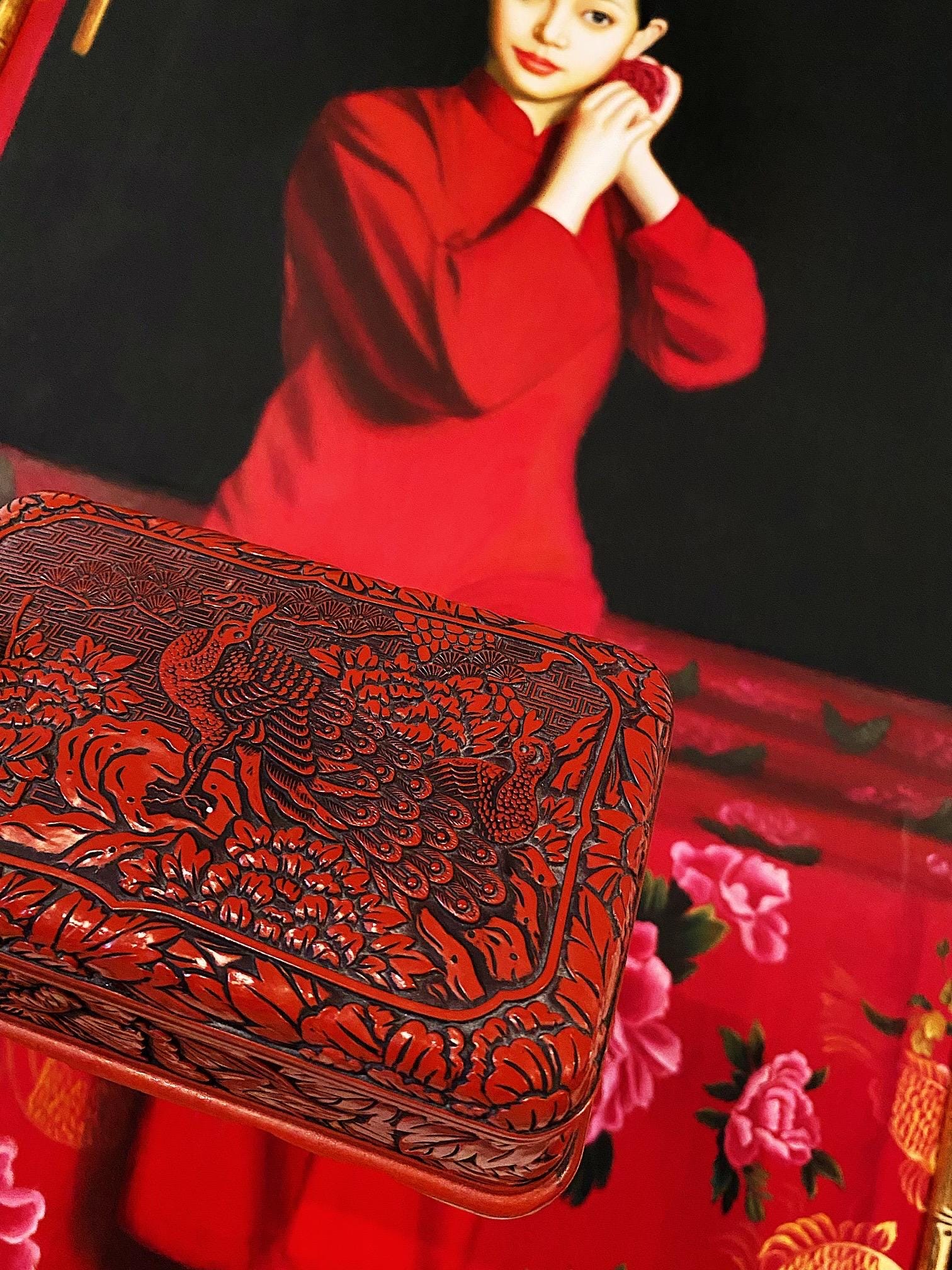 Red Laquer Box With Carved Peacock and Foilage - Etsy