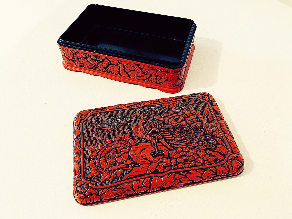 Red Laquer Box With Carved Peacock and Foilage - Etsy