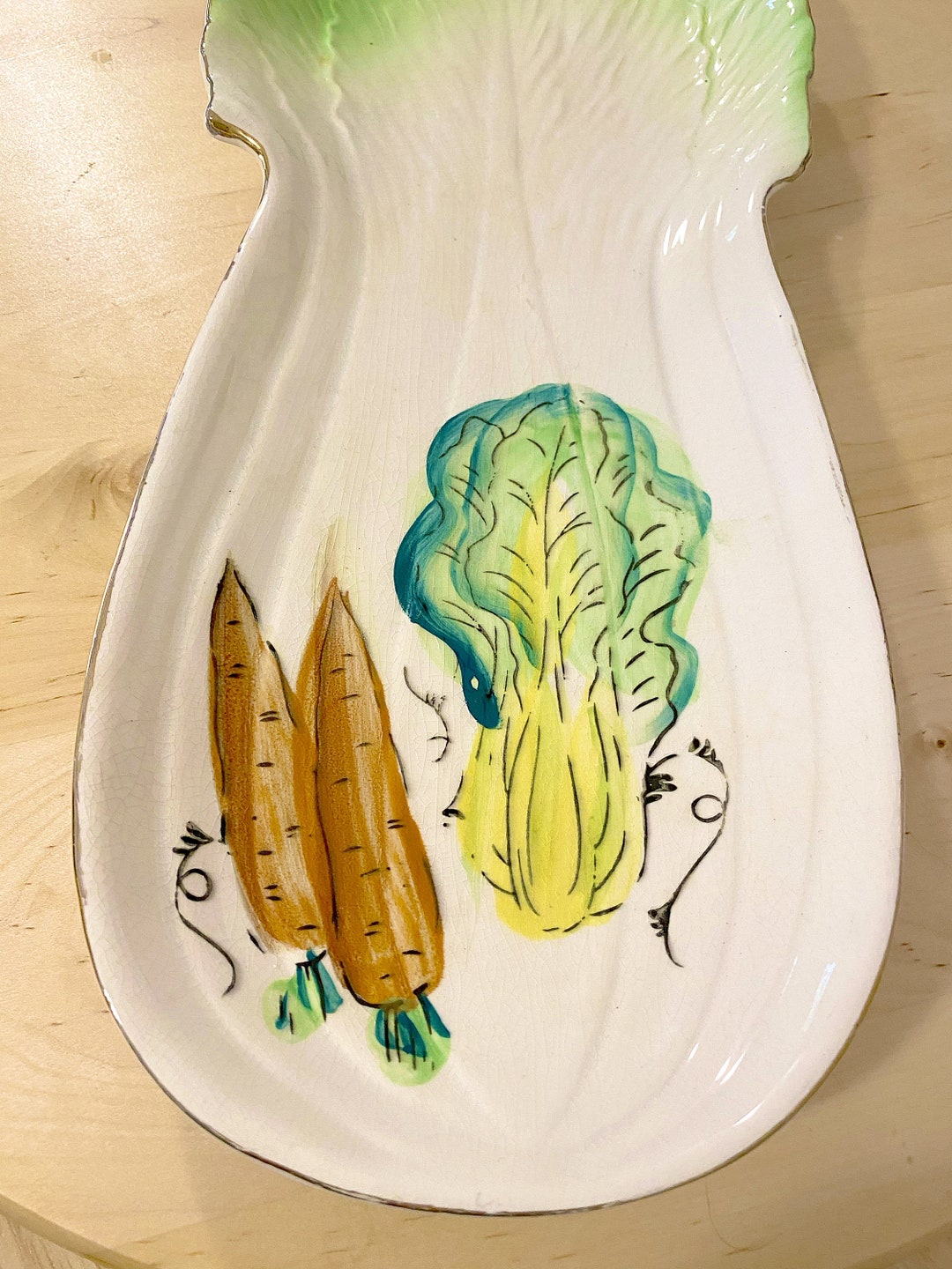 Vintage Lettuce Leaf Shaped Serving Platter With Gold Trim Ceramic Hand ...