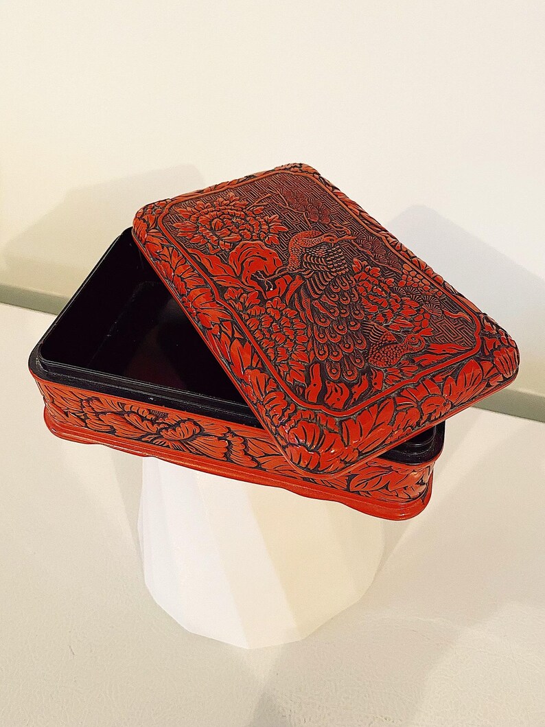 Red Laquer Box With Carved Peacock and Foilage - Etsy