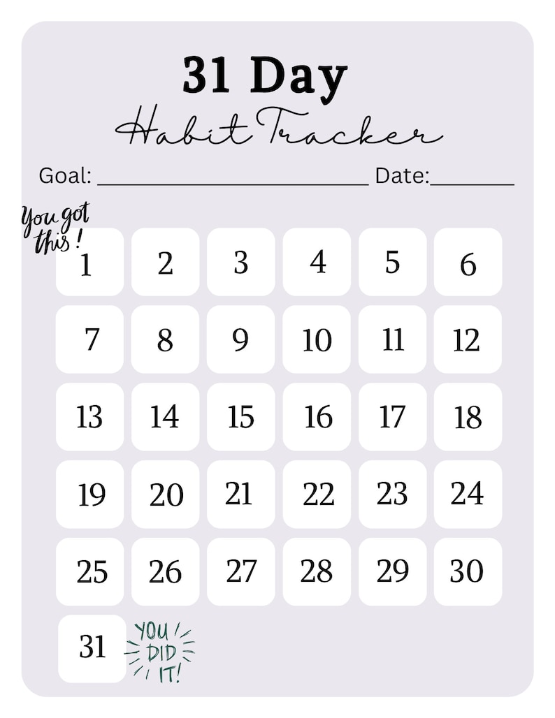 31 Day Habit Tracker Printable, Habit Tracker, Healthy Lifestyle, Habit ...