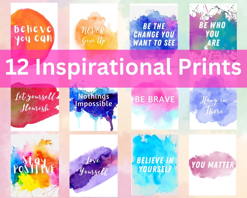 Inspirational Watercolor Wall Art, Set of 12, Positive Affirmation ...