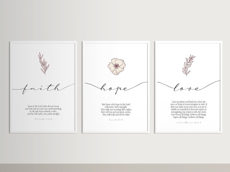 Set of 3 Faith, Hope, Love Printable Poster, Bible Verse Wall Art ...