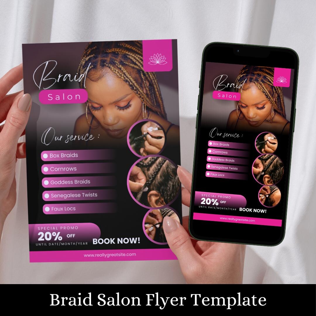 Braid Salon Printable Flyer Template Pink, Hair for Stylist Instagram ...