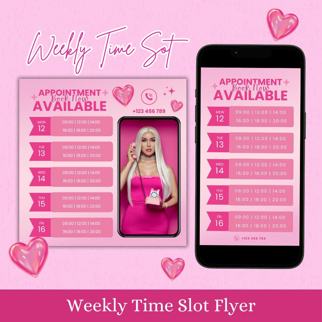 Weekly Available Booking Slot Pink Flyer Templates for Lash, Nail, Hair ...