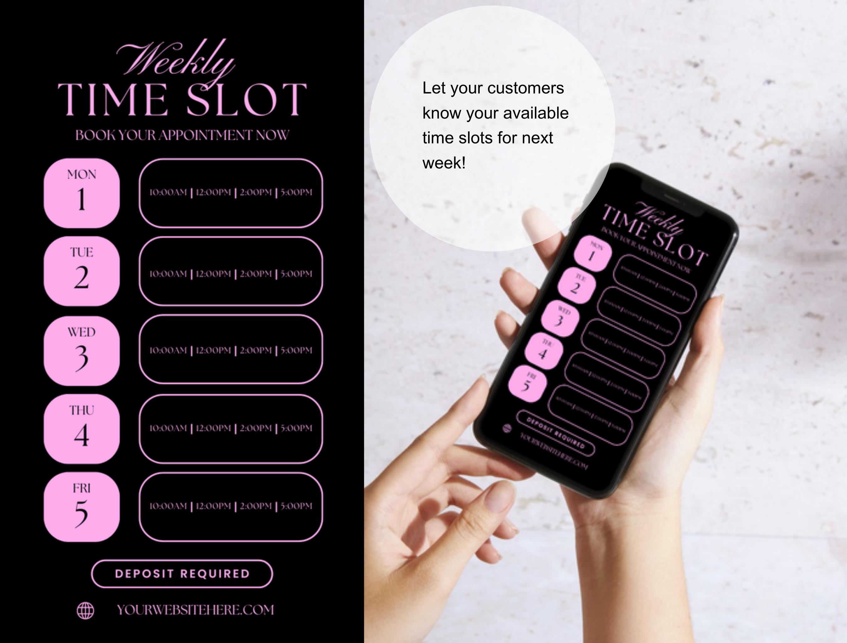 Weekly Available Time Slot Flyer Template Pink Aesthetic Canva, Social ...