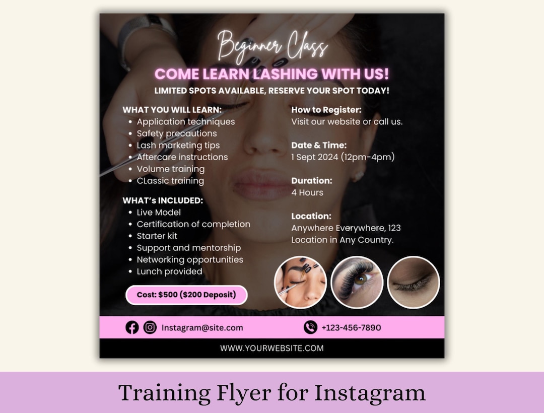 Lash Training Class Flyer Canva Template for Beginner Lash Technician Tech Esthetician Post on ...